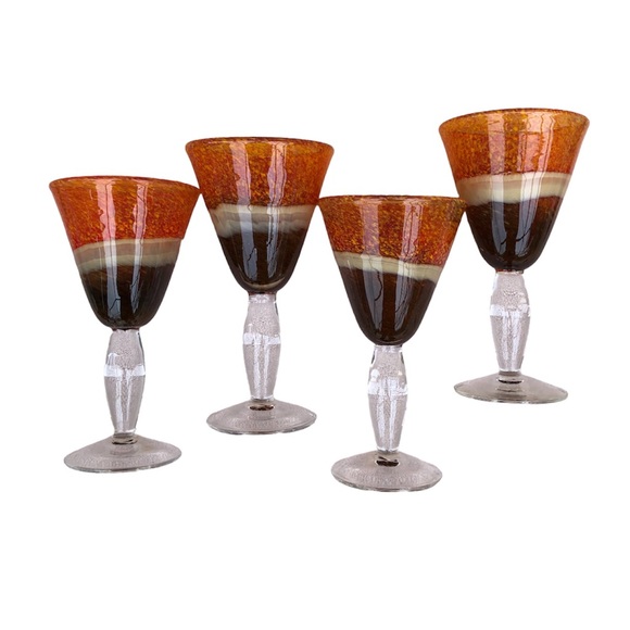 Dining | Set Of Four Vintage Hand Blown Glass Orange Brown Wine Glasses ...